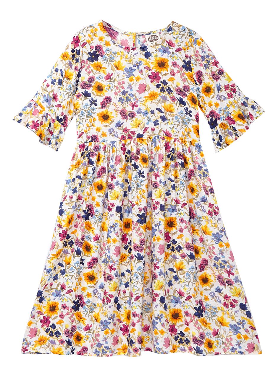 Buy Girls 3/4 Sleeves Round Printed Knee Length Rayon Yellow Dress ...